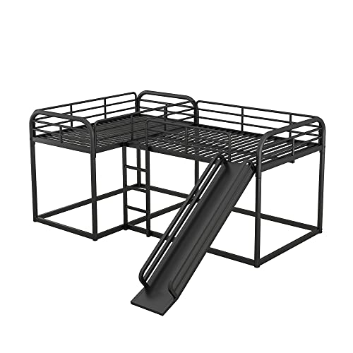 Goohome Full and Twin Size L-Shaped Bunk Bed with Slide and Short Ladder, Metal Bunk Bed Bedroom Furniture w/Safety Guardrail, Accommodate 4 People, for Kids, Teens, Adults, No Box Spring Needed