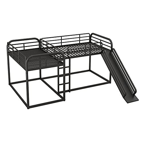 Goohome Full and Twin Size L-Shaped Bunk Bed with Slide and Short Ladder, Metal Bunk Bed Bedroom Furniture w/Safety Guardrail, Accommodate 4 People, for Kids, Teens, Adults, No Box Spring Needed