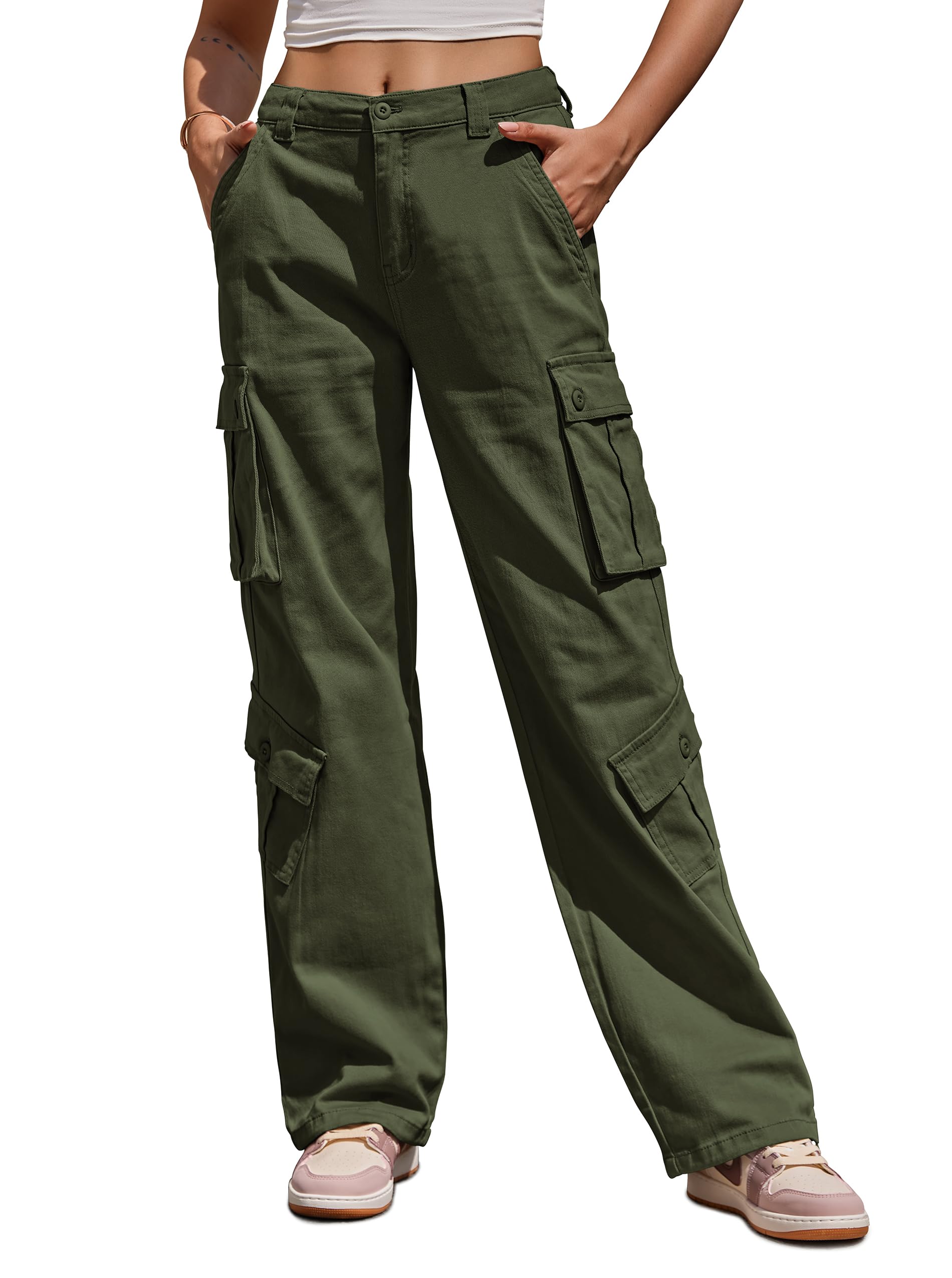 ZMPSIISA Women Pants High Waisted Cargo Pants Combat Military Wide Leg Casual Trousers 8 Pockets(Green,X-Large)