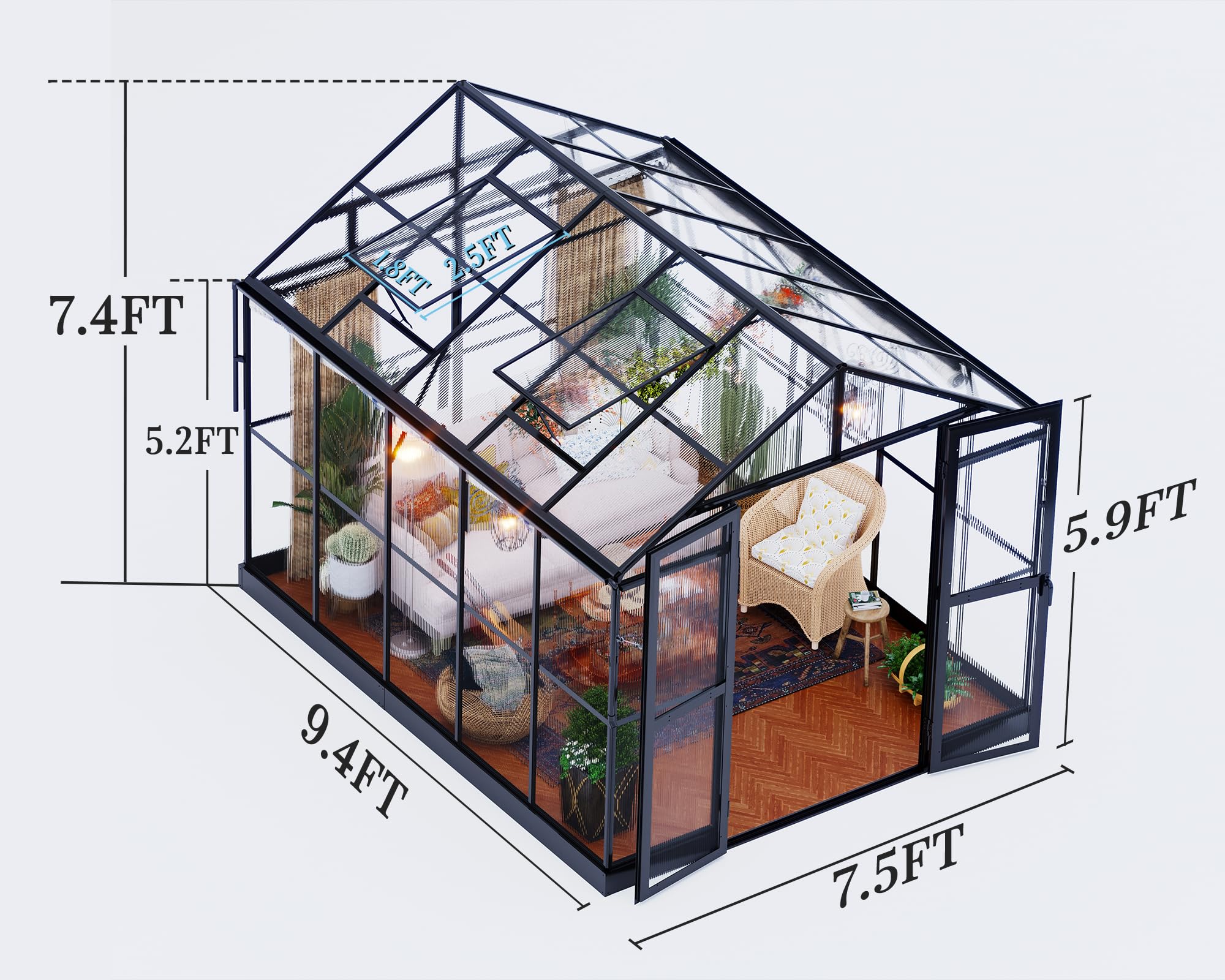 Jocisland 7.5x9.4x7.4 FT Outdoor Aluminum Polycarbonate Greenhouse with Ventilation and Rain Gutter, 2 Swing Doors with Hook, Walk in Greenhouse for Outdoors Backyard Garden