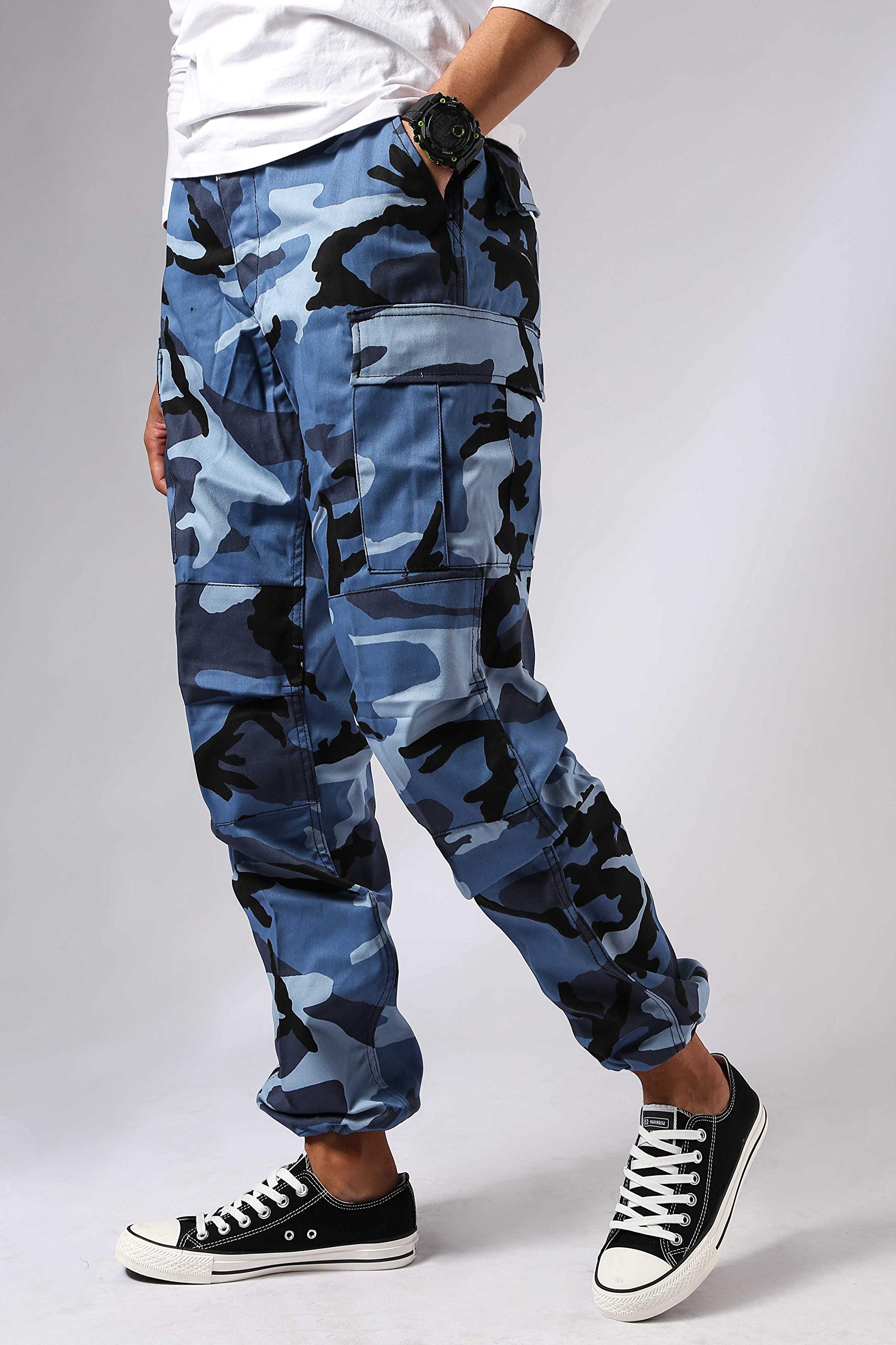 BACKBONE Mens Casual Street Fashion Camo Cargo Pants Army Combat Military BDU Pants Work Hunt Pants (Sky Blue Camo,Size 36)