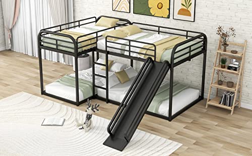 Goohome Full and Twin Size L-Shaped Bunk Bed with Slide and Short Ladder, Metal Bunk Bed Bedroom Furniture w/Safety Guardrail, Accommodate 4 People, for Kids, Teens, Adults, No Box Spring Needed