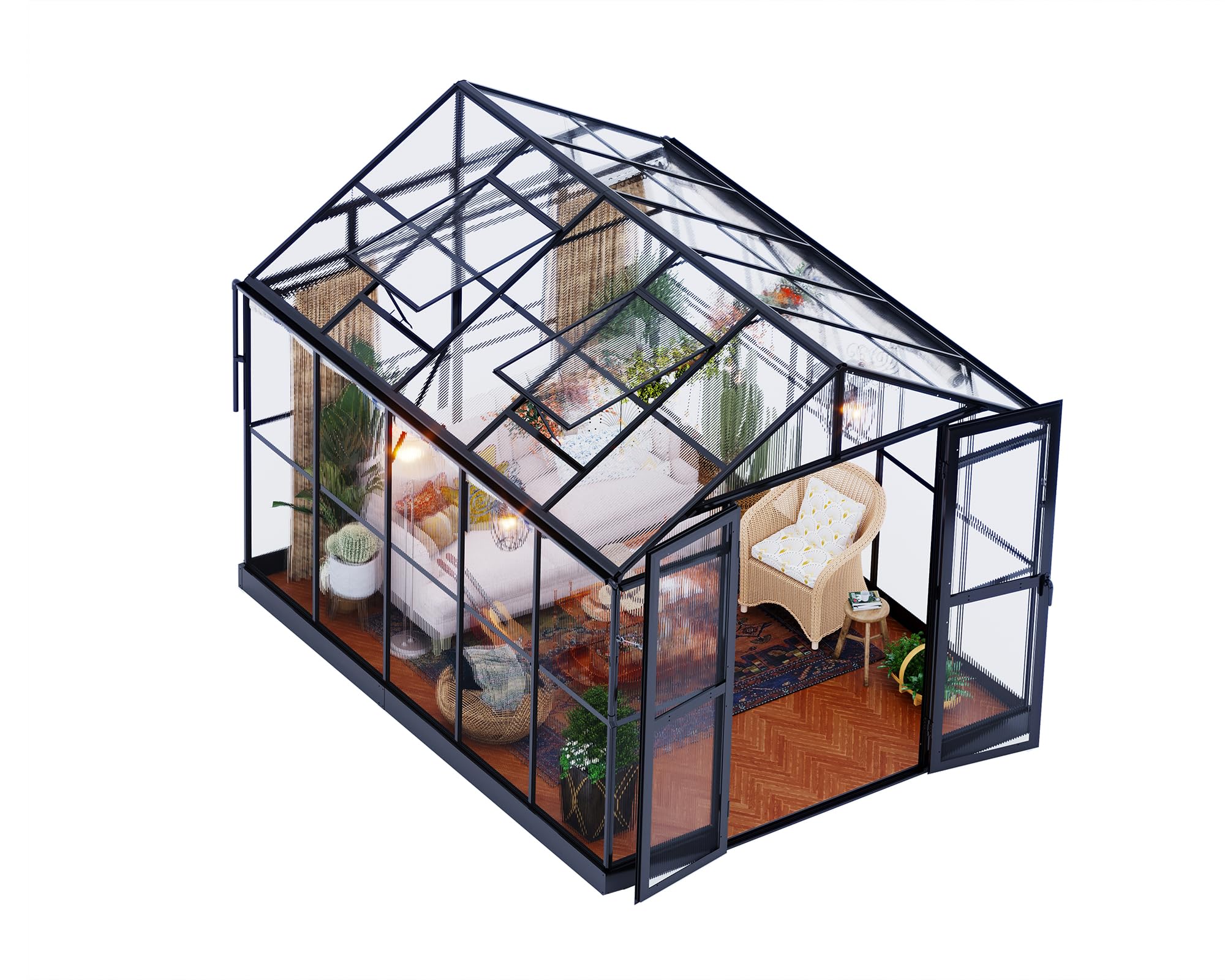 Jocisland 7.5x9.4x7.4 FT Outdoor Aluminum Polycarbonate Greenhouse with Ventilation and Rain Gutter, 2 Swing Doors with Hook, Walk in Greenhouse for Outdoors Backyard Garden