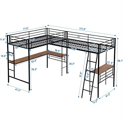 Morhome Metal Loft Bed with Two Built-in Desks, Twin Size L-Shaped Loft Bed with Full-Lenght Guardrail and Two Ladder, 2 Beds in 1 Corner Loft Bed for Kids Teens Adults, No Box Spring Needed