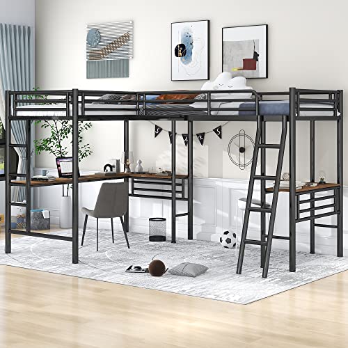 Morhome Metal Loft Bed with Two Built-in Desks, Twin Size L-Shaped Loft Bed with Full-Lenght Guardrail and Two Ladder, 2 Beds in 1 Corner Loft Bed for Kids Teens Adults, No Box Spring Needed