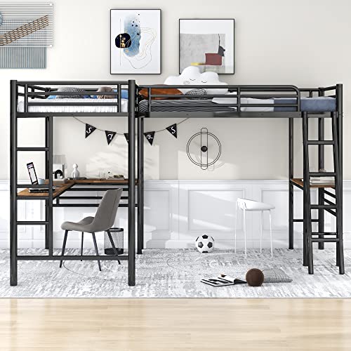 Morhome Metal Loft Bed with Two Built-in Desks, Twin Size L-Shaped Loft Bed with Full-Lenght Guardrail and Two Ladder, 2 Beds in 1 Corner Loft Bed for Kids Teens Adults, No Box Spring Needed