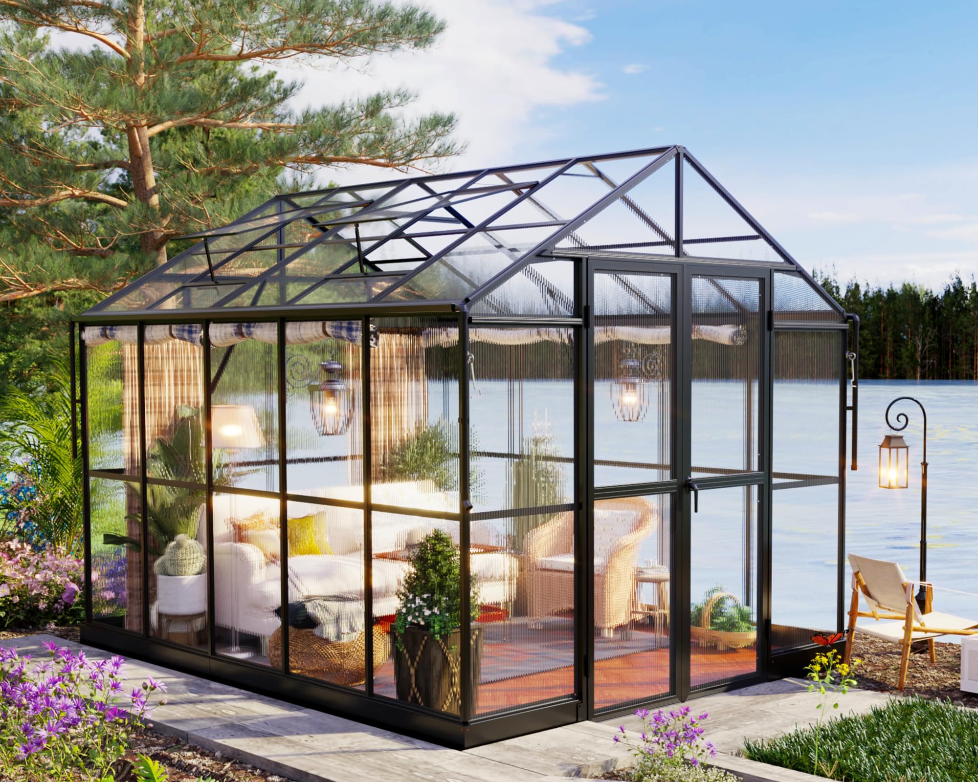 Jocisland 7.5x9.4x7.4 FT Outdoor Aluminum Polycarbonate Greenhouse with Ventilation and Rain Gutter, 2 Swing Doors with Hook, Walk in Greenhouse for Outdoors Backyard Garden