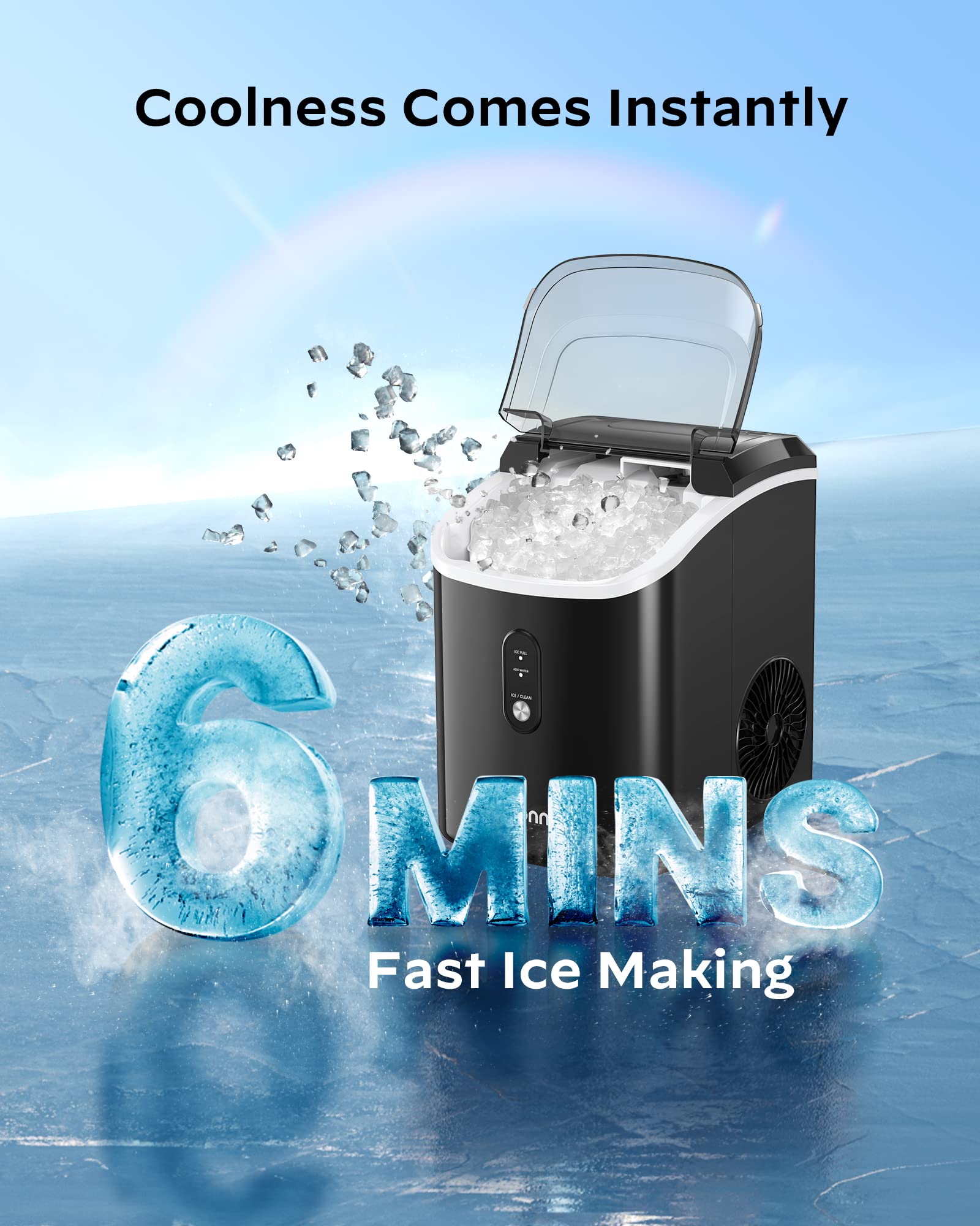 Nugget Countertop Sonic Ice Maker for Home Kitchen Office - Silonn Chewable Pellet Ice Machine with Self-Cleaning Function, 33lbs/24H, Black