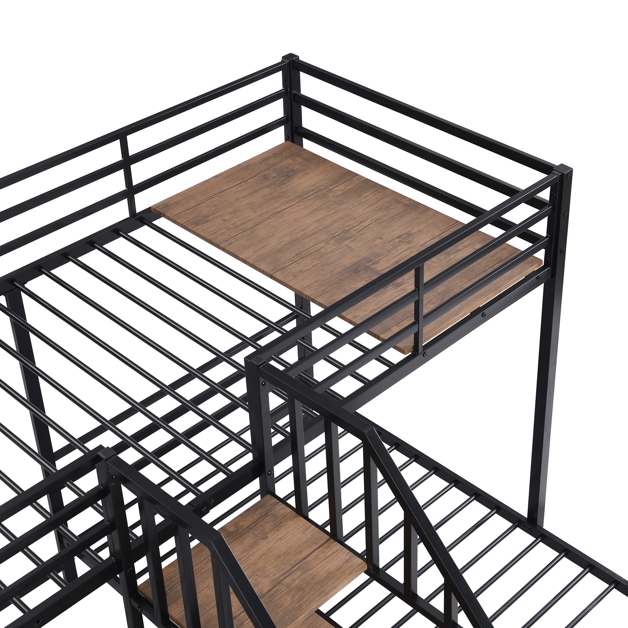 BIADNBZ Twin Size Triple Bunk Bed for 3 Kids Teens, Metal L-Shaped BunkBed with Stairs and Built-in Storage Shelves, for Bedroom Guest Room, Black