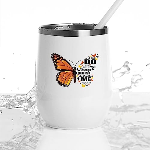Philippians 413 Butterfly Christ Bible Verse Gift Idea 12oz Wine Tumbler Cup