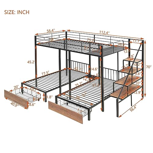 ATY L-Shaped Triple Bunk Beds with 2 Drawers, Full Over Twin & Twin Bunkbeds w/Storage Staircase, Metal Bedframe for 3 People, Save Space, Bedroom & Dorm Supplies, No Spring Required Needed, Black