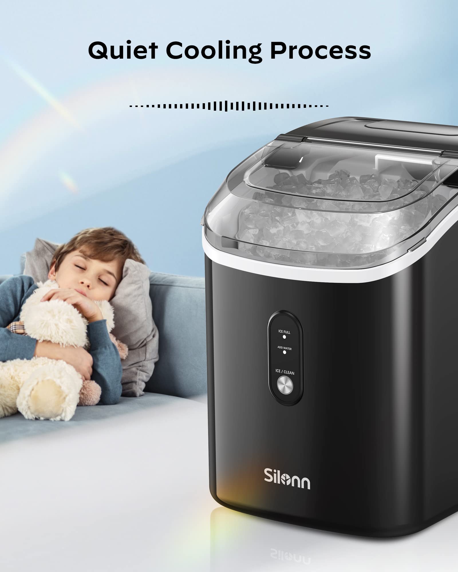 Nugget Countertop Sonic Ice Maker for Home Kitchen Office - Silonn Chewable Pellet Ice Machine with Self-Cleaning Function, 33lbs/24H, Black