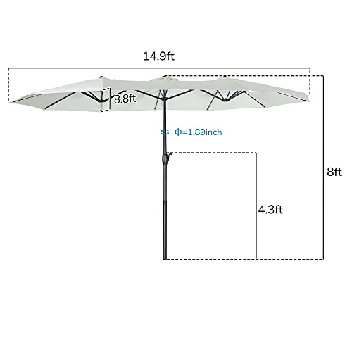 FHFO 15 FT Double Sided Umbrella Outdoor Patio Market Extra Large Umbrella with Crank for Patio, Poolside, Yard, Beige