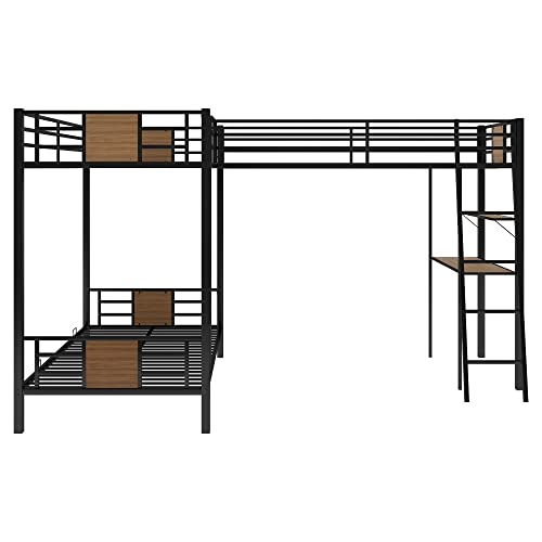 DEYOBED Twin Over Twin L-Shaped Triple Bed Bunk Bed with Loft, Desk, and Shelf - Versatile Sleep and Study Solution for Kids, Teens, and Adults