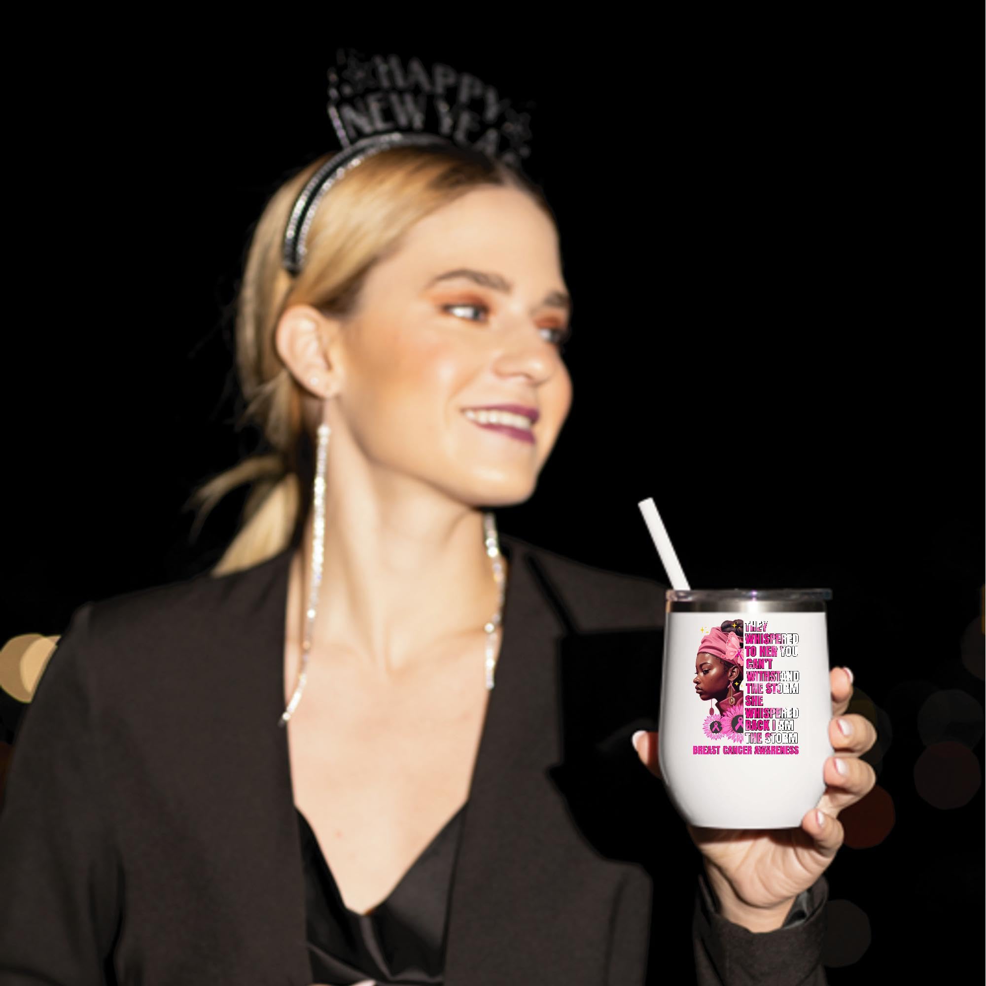 Gift Cancer Survivors Black I am The Storm Pink Ribbon 12oz Wine Tumbler Cup