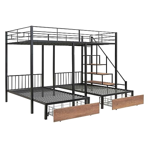 ATY L-Shaped Triple Bunk Beds with 2 Drawers, Full Over Twin & Twin Bunkbeds w/Storage Staircase, Metal Bedframe for 3 People, Save Space, Bedroom & Dorm Supplies, No Spring Required Needed, Black