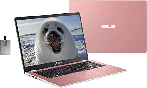 ASUS 2022 14" HD Laptop, Intel Celeron N4020 Processor, 4GB RAM, 64GB eMMC , Webcam, Intel HD Graphics 500, Bluetooth, Windows 11 S, Rose Gold, 128GB SnowBell USB Card