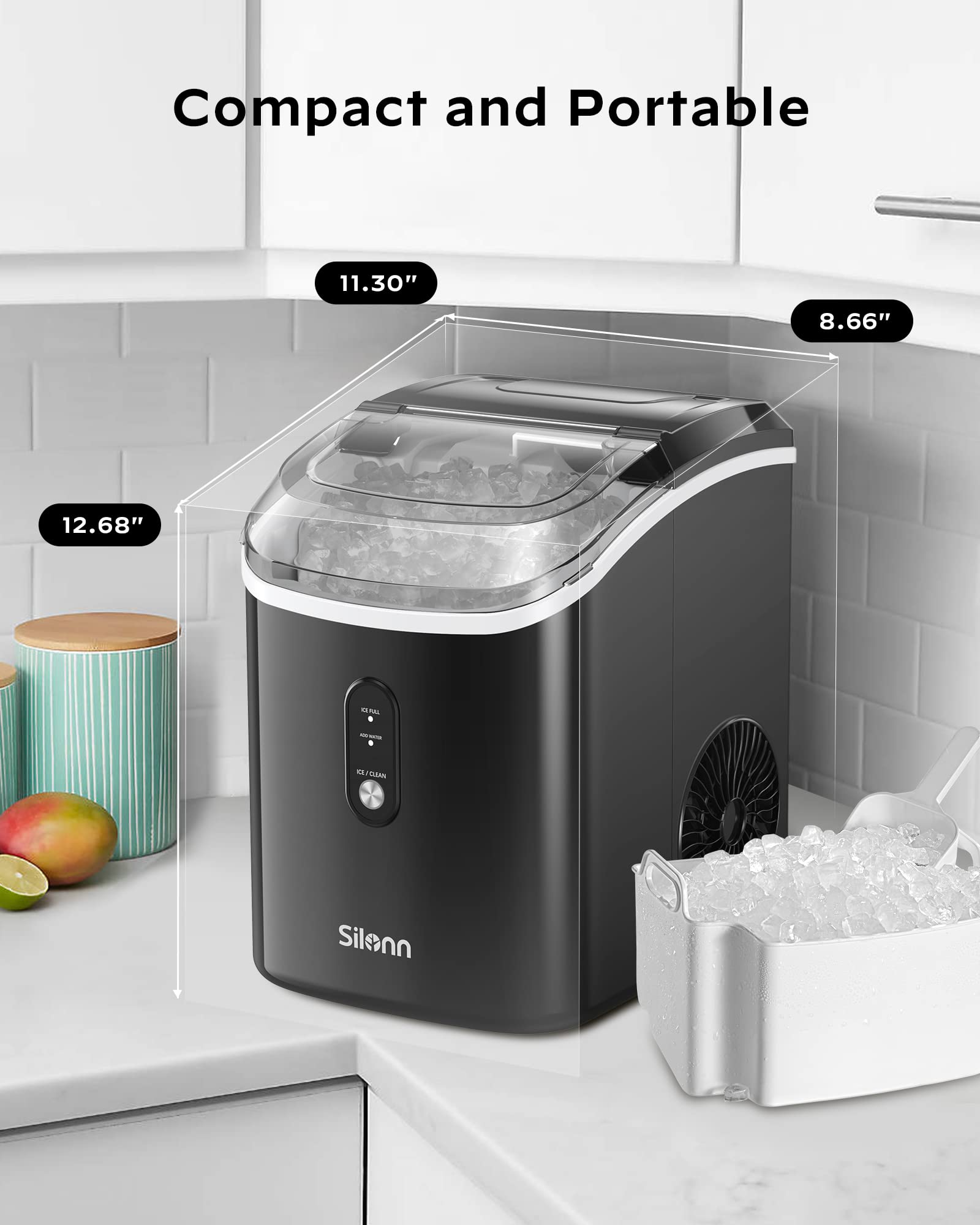 Nugget Countertop Sonic Ice Maker for Home Kitchen Office - Silonn Chewable Pellet Ice Machine with Self-Cleaning Function, 33lbs/24H, Black