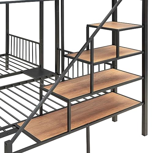 ATY L-Shaped Triple Bunk Beds with 2 Drawers, Full Over Twin & Twin Bunkbeds w/Storage Staircase, Metal Bedframe for 3 People, Save Space, Bedroom & Dorm Supplies, No Spring Required Needed, Black