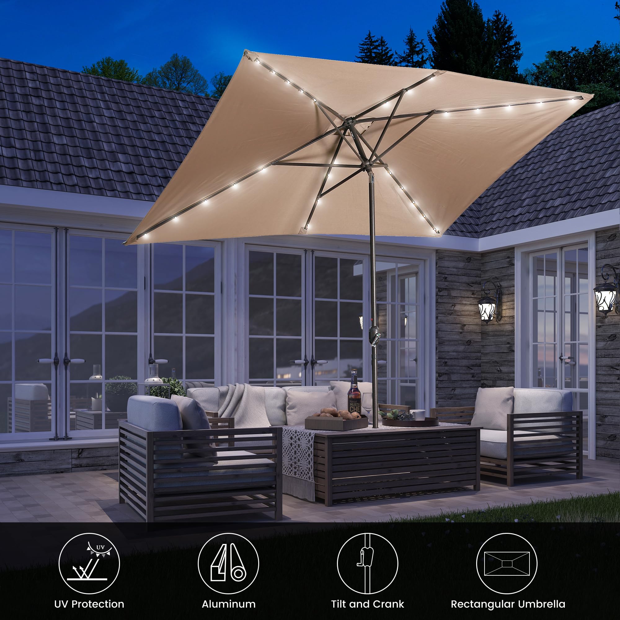 MONDAWE Outdoor Solar LED Patio Umbrella 10 x 6.5 FT Rectangular Market Umbrella with Lights, Tilt and Crank Aluminum Commercial Table Umbrella for Pool Backyard Balcony