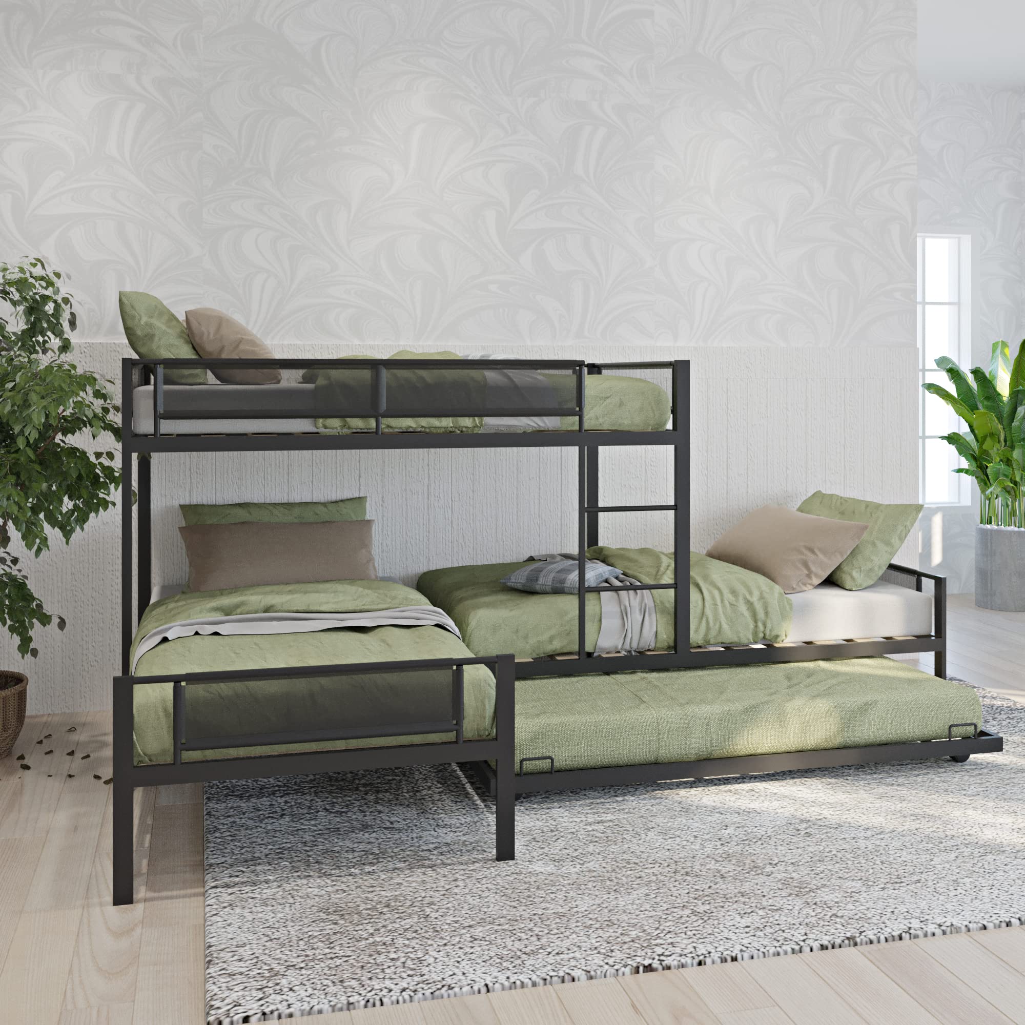 L-Shape Triple Bunk Bed with Trundle, Metal 3 Bed Bunk Beds with for Kids, Twin Size Corner Bunk Bed Frame with Wood Slats Support for 4 Teens, Textilene Guardrails, Black