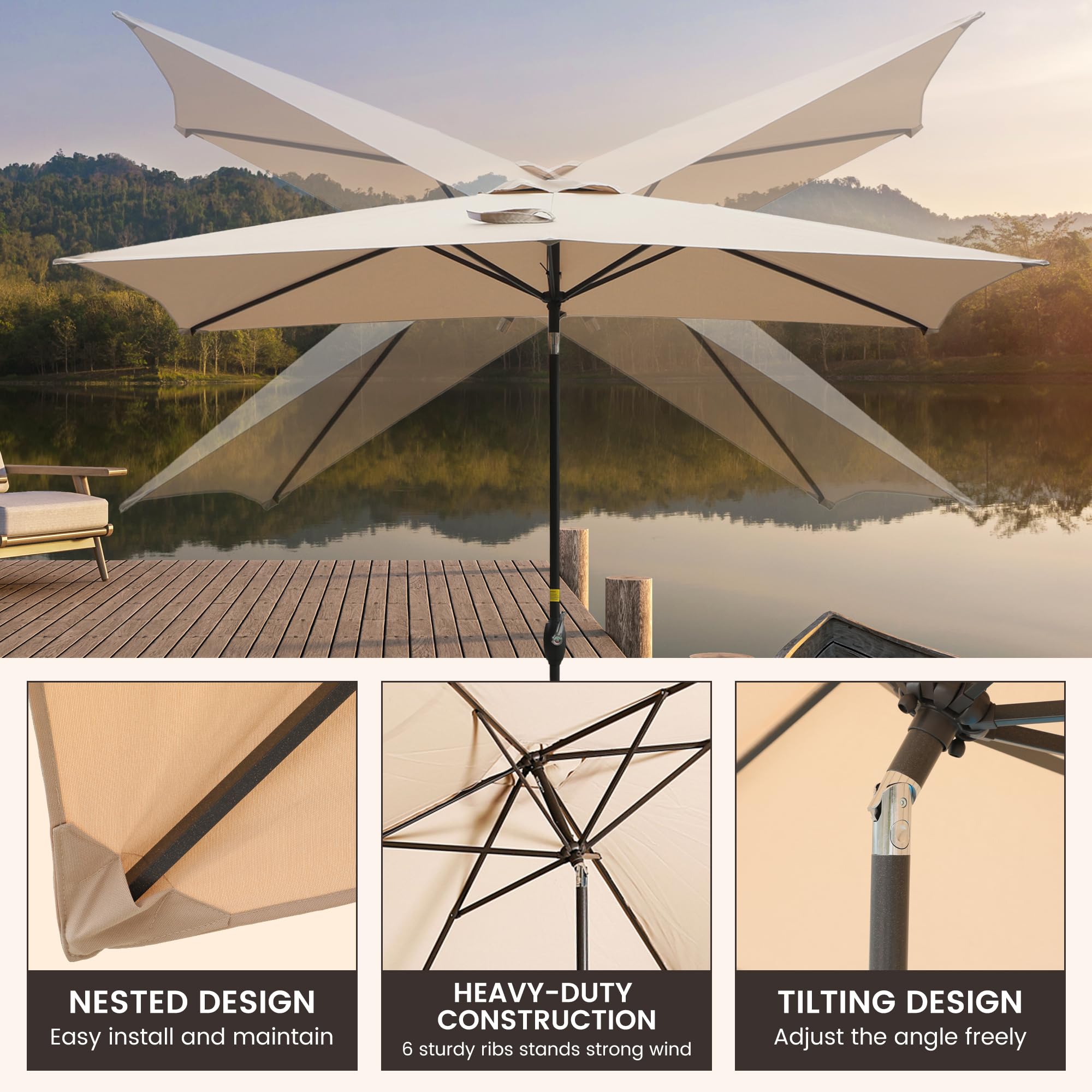 MONDAWE Outdoor Solar LED Patio Umbrella 10 x 6.5 FT Rectangular Market Umbrella with Lights, Tilt and Crank Aluminum Commercial Table Umbrella for Pool Backyard Balcony