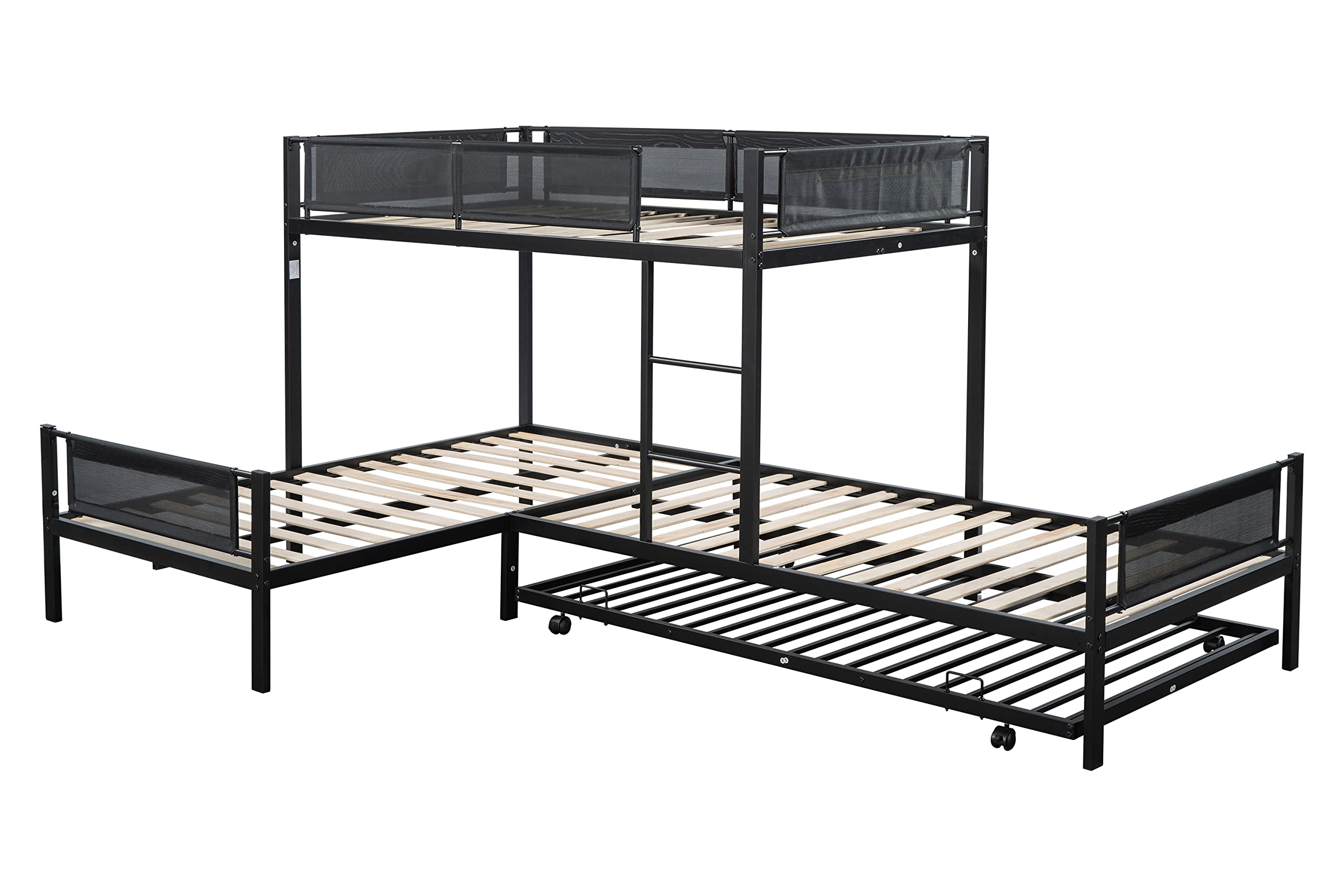 L-Shape Triple Bunk Bed with Trundle, Metal 3 Bed Bunk Beds with for Kids, Twin Size Corner Bunk Bed Frame with Wood Slats Support for 4 Teens, Textilene Guardrails, Black