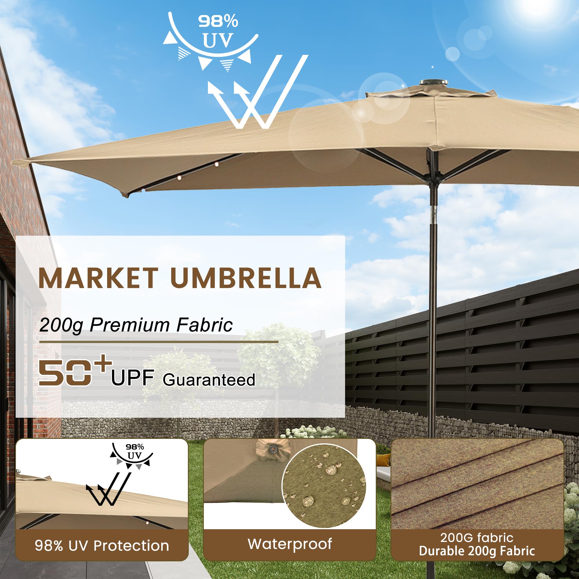 MONDAWE Outdoor Solar LED Patio Umbrella 10 x 6.5 FT Rectangular Market Umbrella with Lights, Tilt and Crank Aluminum Commercial Table Umbrella for Pool Backyard Balcony