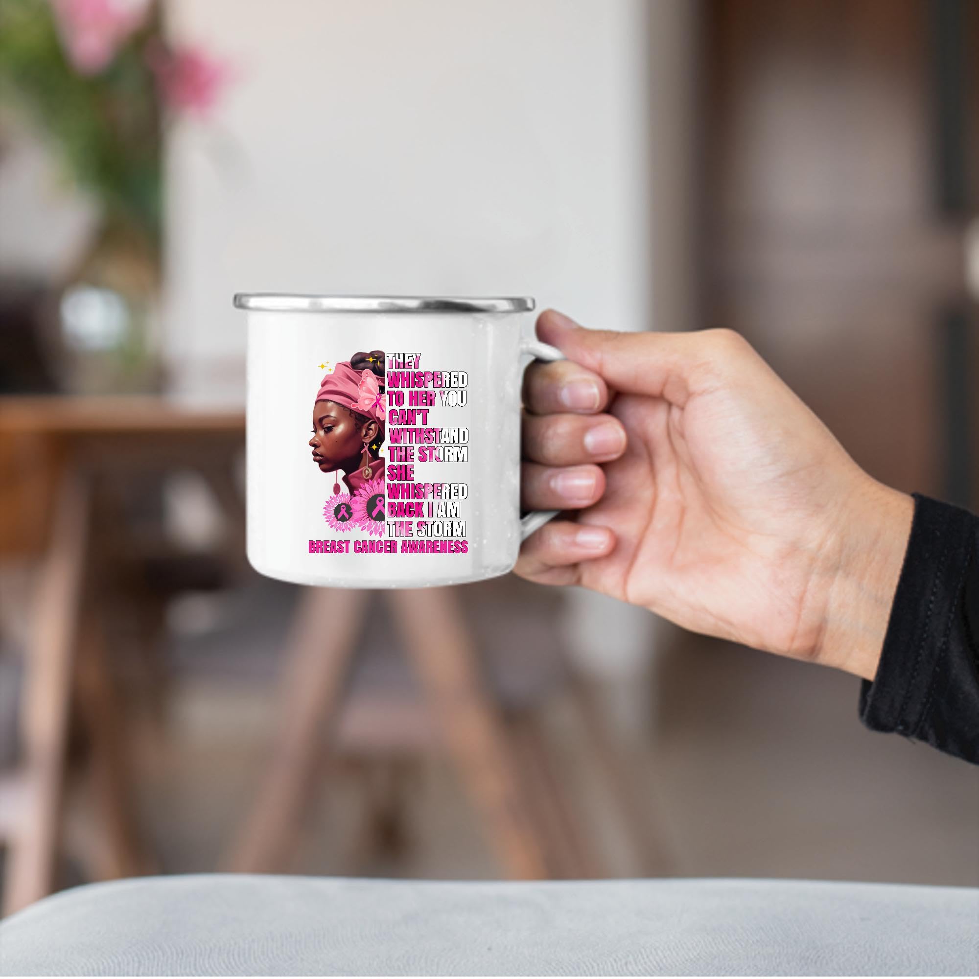 Gift Cancer Survivors Black I am The Storm Pink Ribbon 12oz Enamel Silver Mug