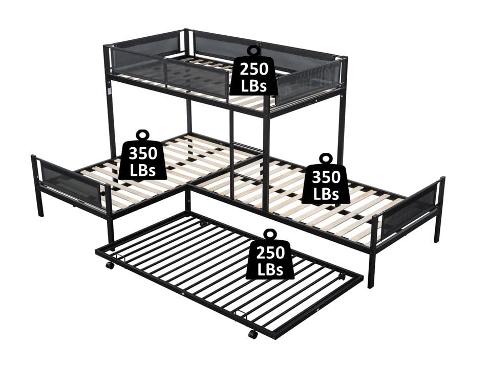 L-Shape Triple Bunk Bed with Trundle, Metal 3 Bed Bunk Beds with for Kids, Twin Size Corner Bunk Bed Frame with Wood Slats Support for 4 Teens, Textilene Guardrails, Black