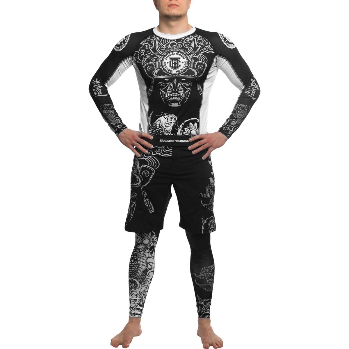 Hardcore Training Koi White Men's Rash Guard Compression Long Sleeve MMA No-Gi Tight BJJ Grappling Base Layer