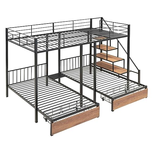 ATY L-Shaped Triple Bunk Beds with 2 Drawers, Full Over Twin & Twin Bunkbeds w/Storage Staircase, Metal Bedframe for 3 People, Save Space, Bedroom & Dorm Supplies, No Spring Required Needed, Black