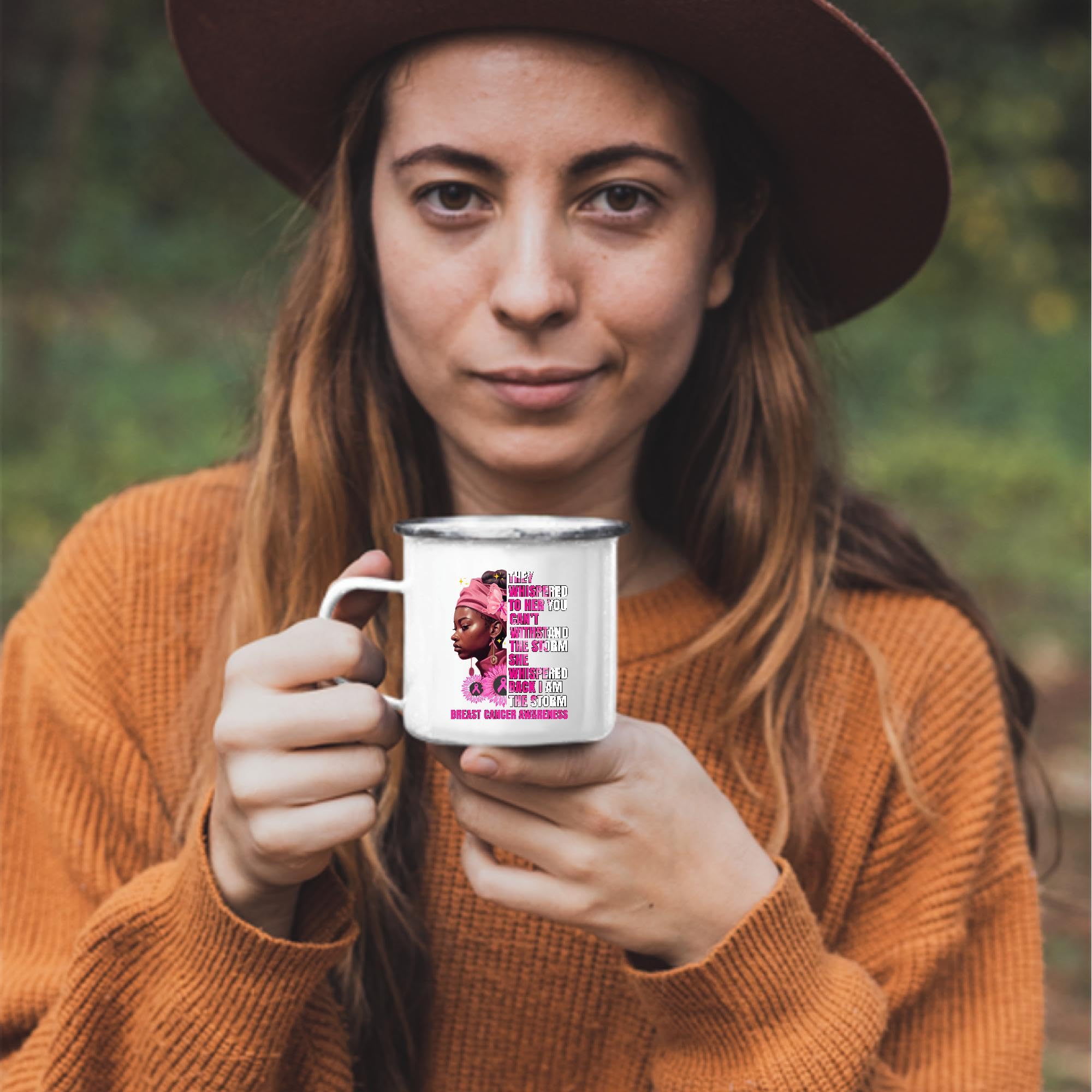 Gift Cancer Survivors Black I am The Storm Pink Ribbon 12oz Enamel Silver Mug