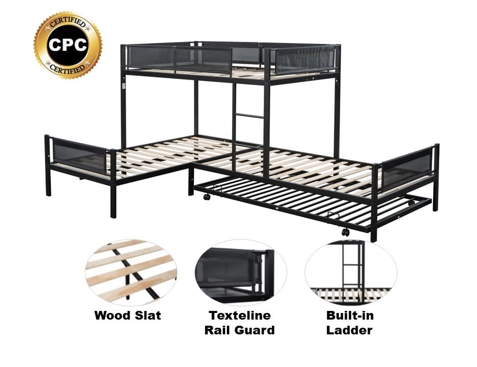 L-Shape Triple Bunk Bed with Trundle, Metal 3 Bed Bunk Beds with for Kids, Twin Size Corner Bunk Bed Frame with Wood Slats Support for 4 Teens, Textilene Guardrails, Black