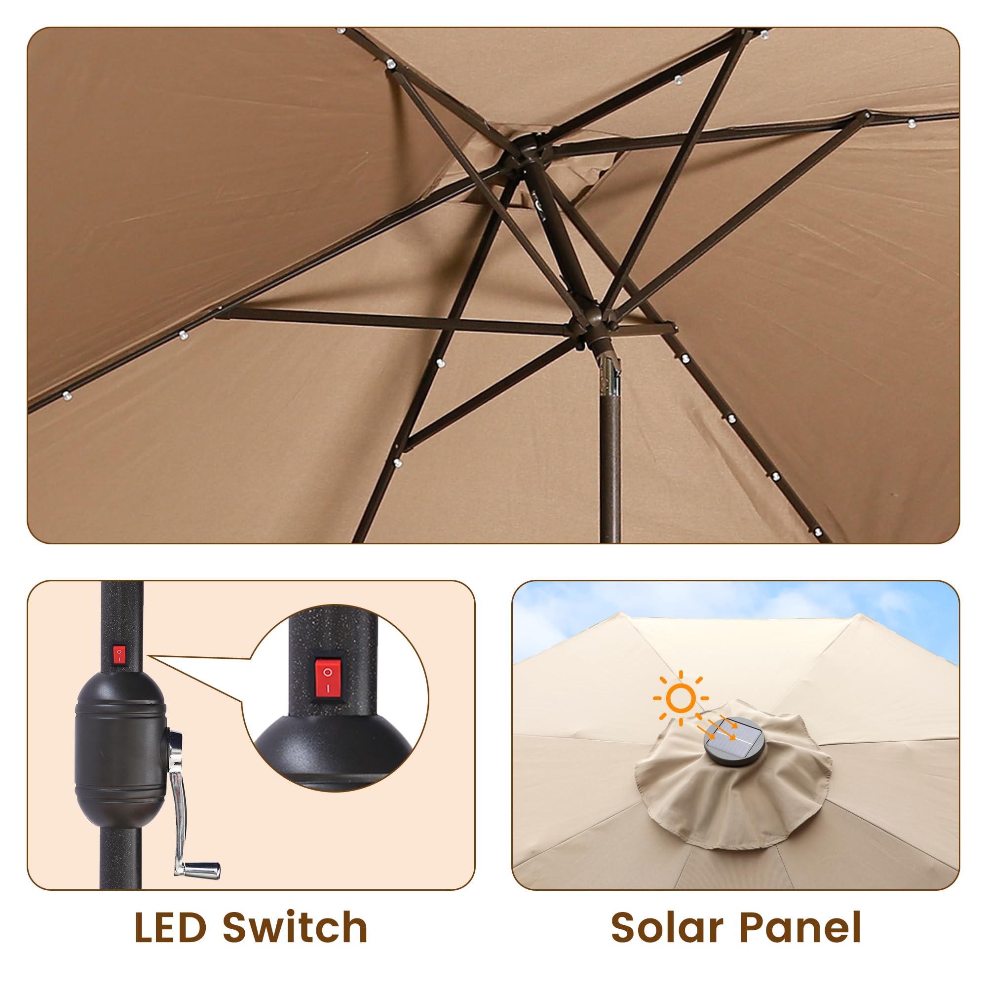 MONDAWE Outdoor Solar LED Patio Umbrella 10 x 6.5 FT Rectangular Market Umbrella with Lights, Tilt and Crank Aluminum Commercial Table Umbrella for Pool Backyard Balcony