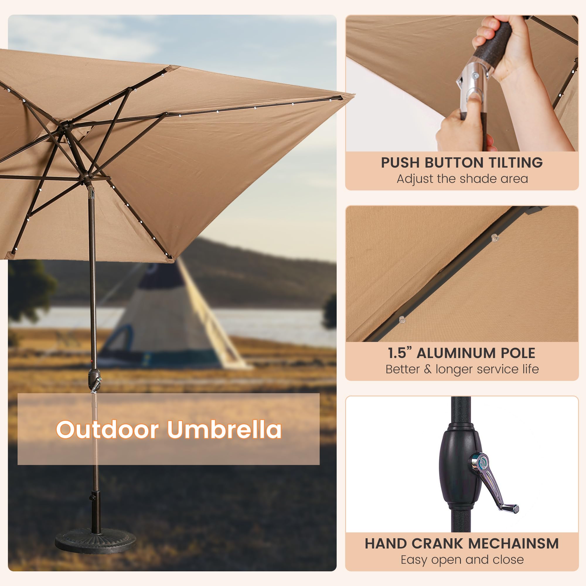 MONDAWE Outdoor Solar LED Patio Umbrella 10 x 6.5 FT Rectangular Market Umbrella with Lights, Tilt and Crank Aluminum Commercial Table Umbrella for Pool Backyard Balcony
