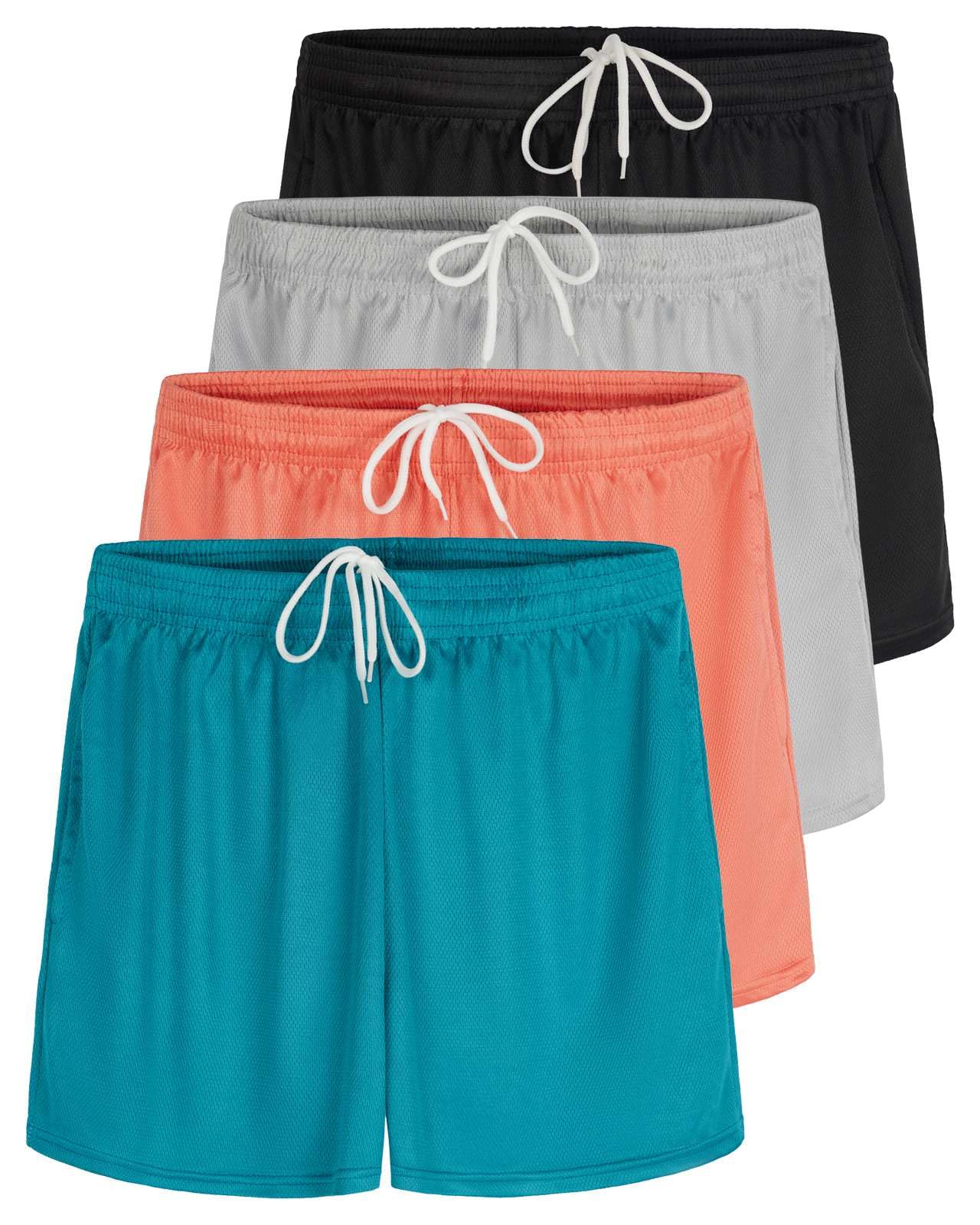 4 Pack: Womens Ladies Mesh Active Athletic Walking Training Quick Dry Fit Sweat Shorts Tennis Women Casual Workout 4" Inseam Summer Lounge Basketball Yoga Jersey Gym Running Comfortable- Set 1, M