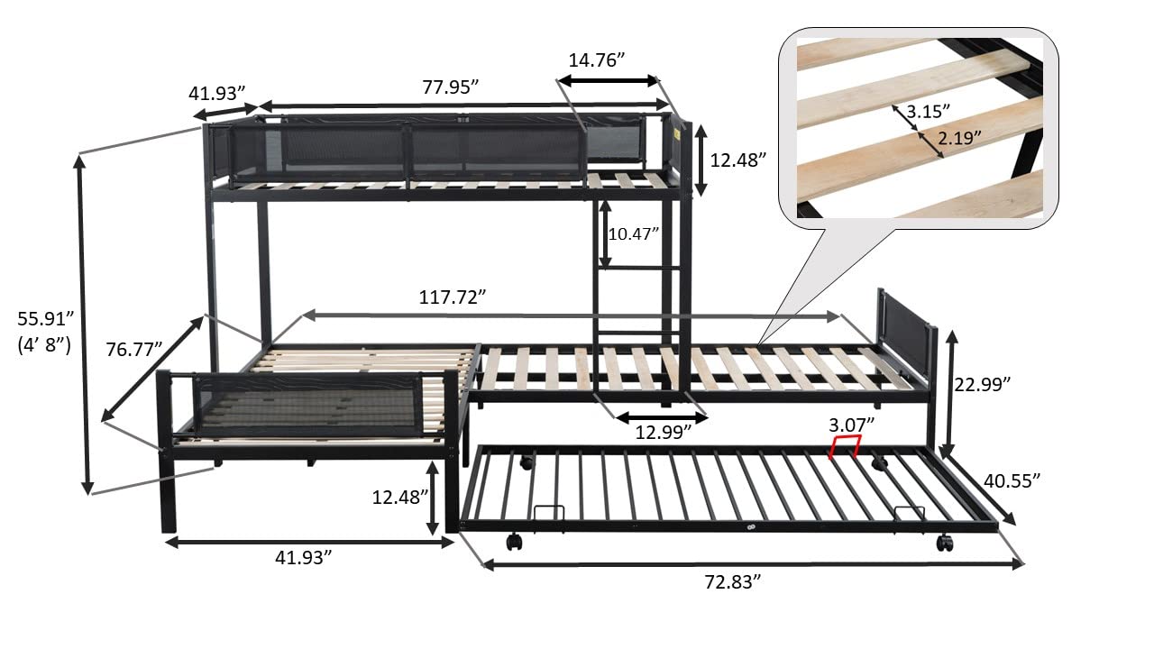 L-Shape Triple Bunk Bed with Trundle, Metal 3 Bed Bunk Beds with for Kids, Twin Size Corner Bunk Bed Frame with Wood Slats Support for 4 Teens, Textilene Guardrails, Black