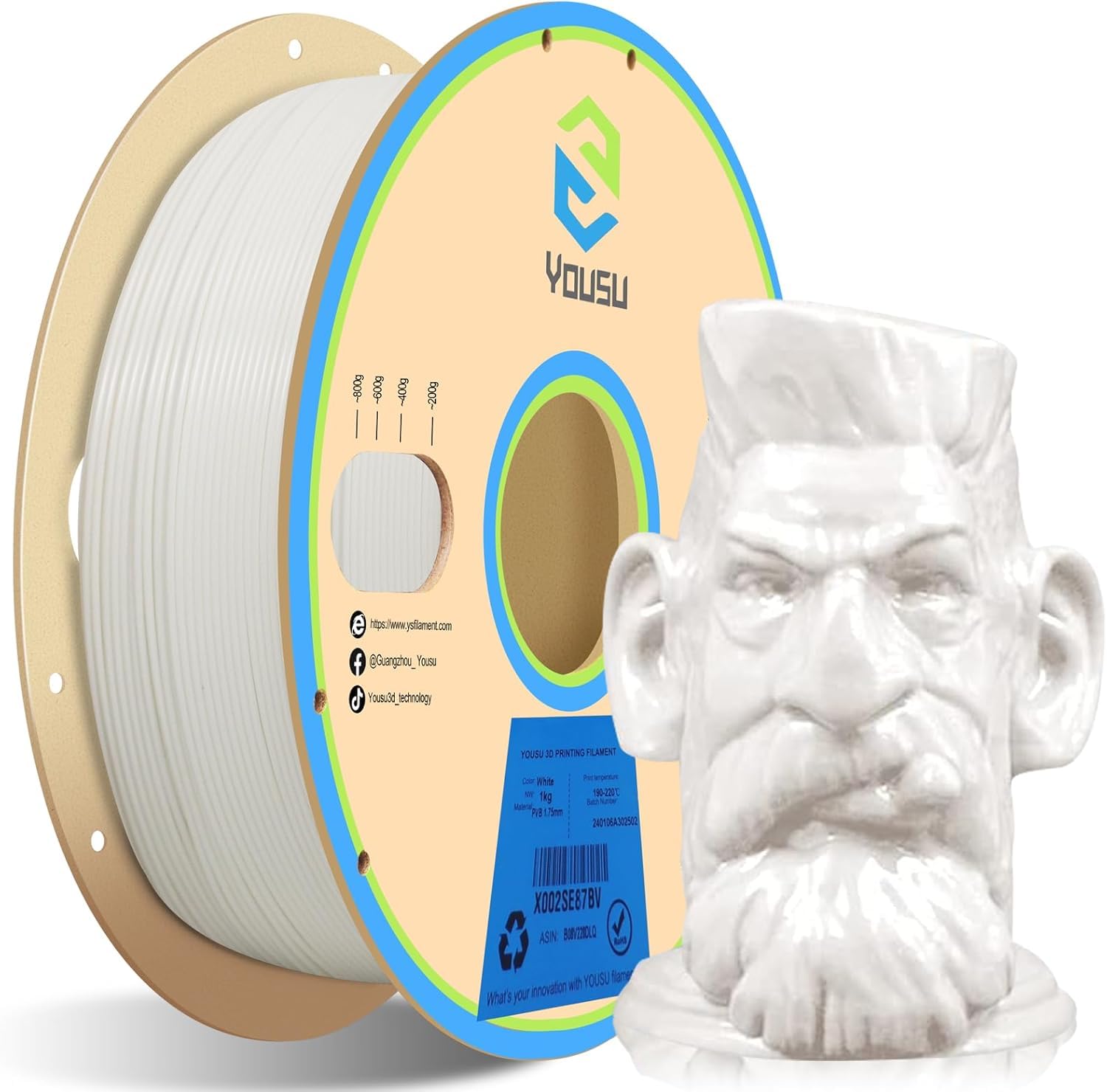 YOUSU White PVB Filament 1.75 mm for 3D Printer & 3D Pen 1 kg (2.2 lbs), Print As Easy as PLA Filament, can be Polished with Alcohol to get Smooth Surface.