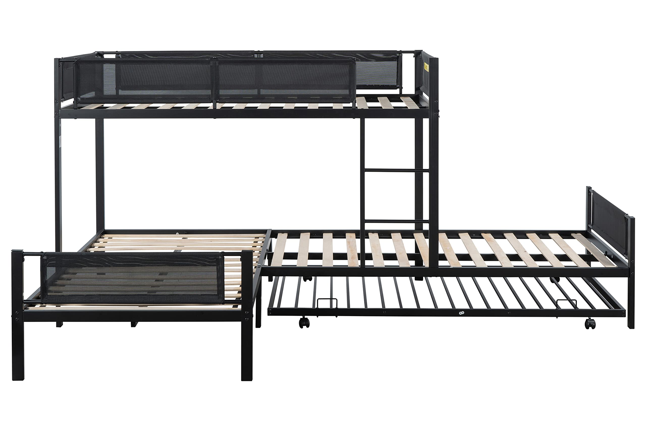 L-Shape Triple Bunk Bed with Trundle, Metal 3 Bed Bunk Beds with for Kids, Twin Size Corner Bunk Bed Frame with Wood Slats Support for 4 Teens, Textilene Guardrails, Black