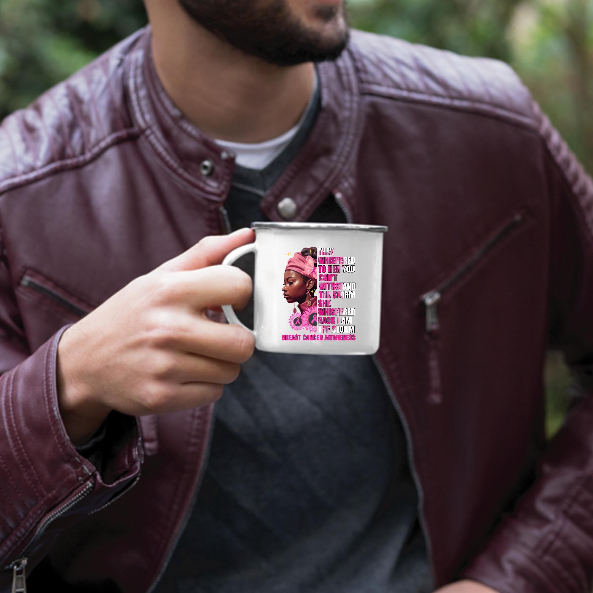 Gift Cancer Survivors Black I am The Storm Pink Ribbon 12oz Enamel Silver Mug
