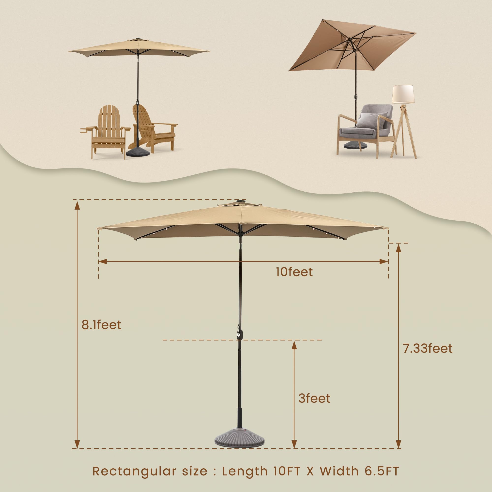 MONDAWE Outdoor Solar LED Patio Umbrella 10 x 6.5 FT Rectangular Market Umbrella with Lights, Tilt and Crank Aluminum Commercial Table Umbrella for Pool Backyard Balcony