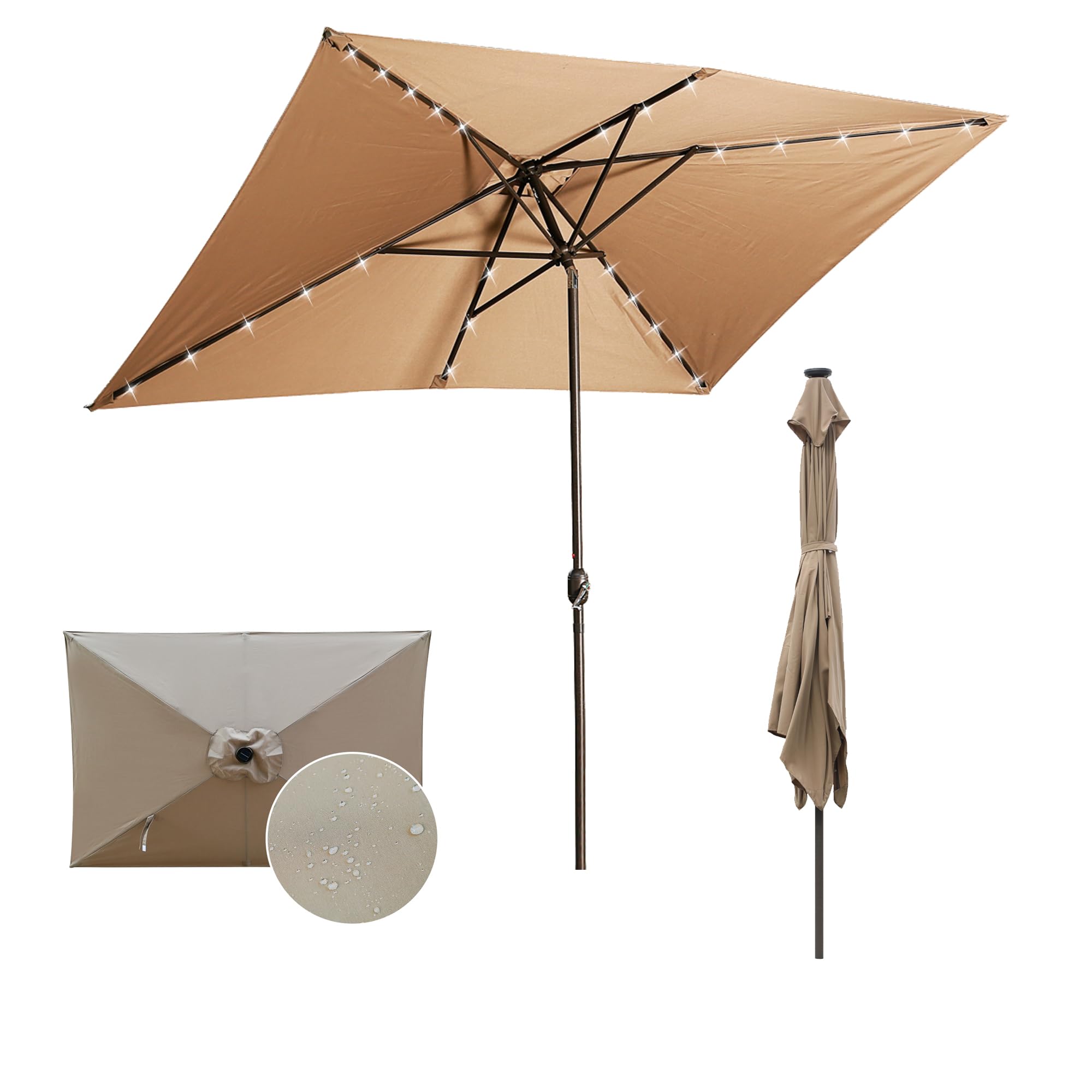 MONDAWE Outdoor Solar LED Patio Umbrella 10 x 6.5 FT Rectangular Market Umbrella with Lights, Tilt and Crank Aluminum Commercial Table Umbrella for Pool Backyard Balcony