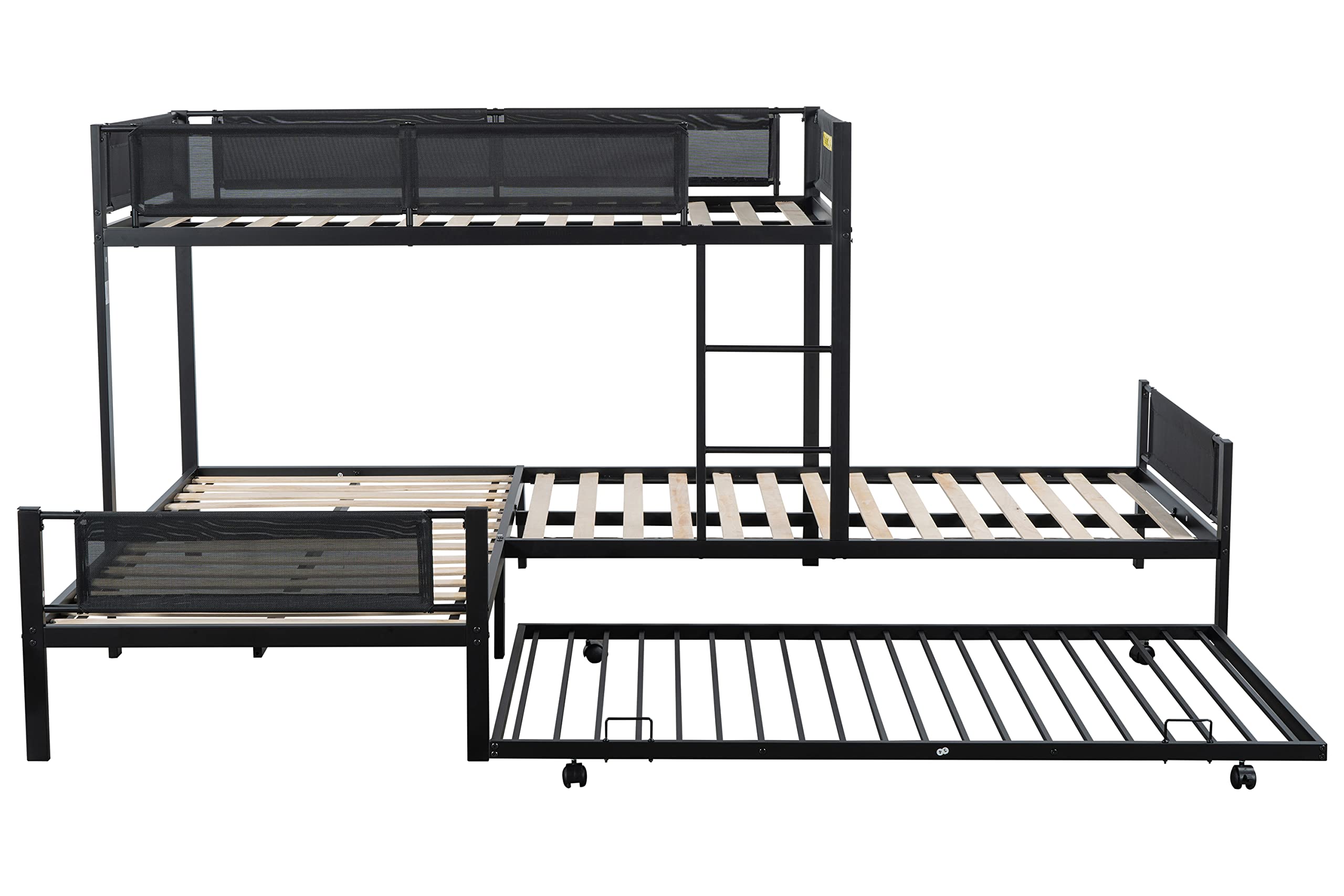 L-Shape Triple Bunk Bed with Trundle, Metal 3 Bed Bunk Beds with for Kids, Twin Size Corner Bunk Bed Frame with Wood Slats Support for 4 Teens, Textilene Guardrails, Black