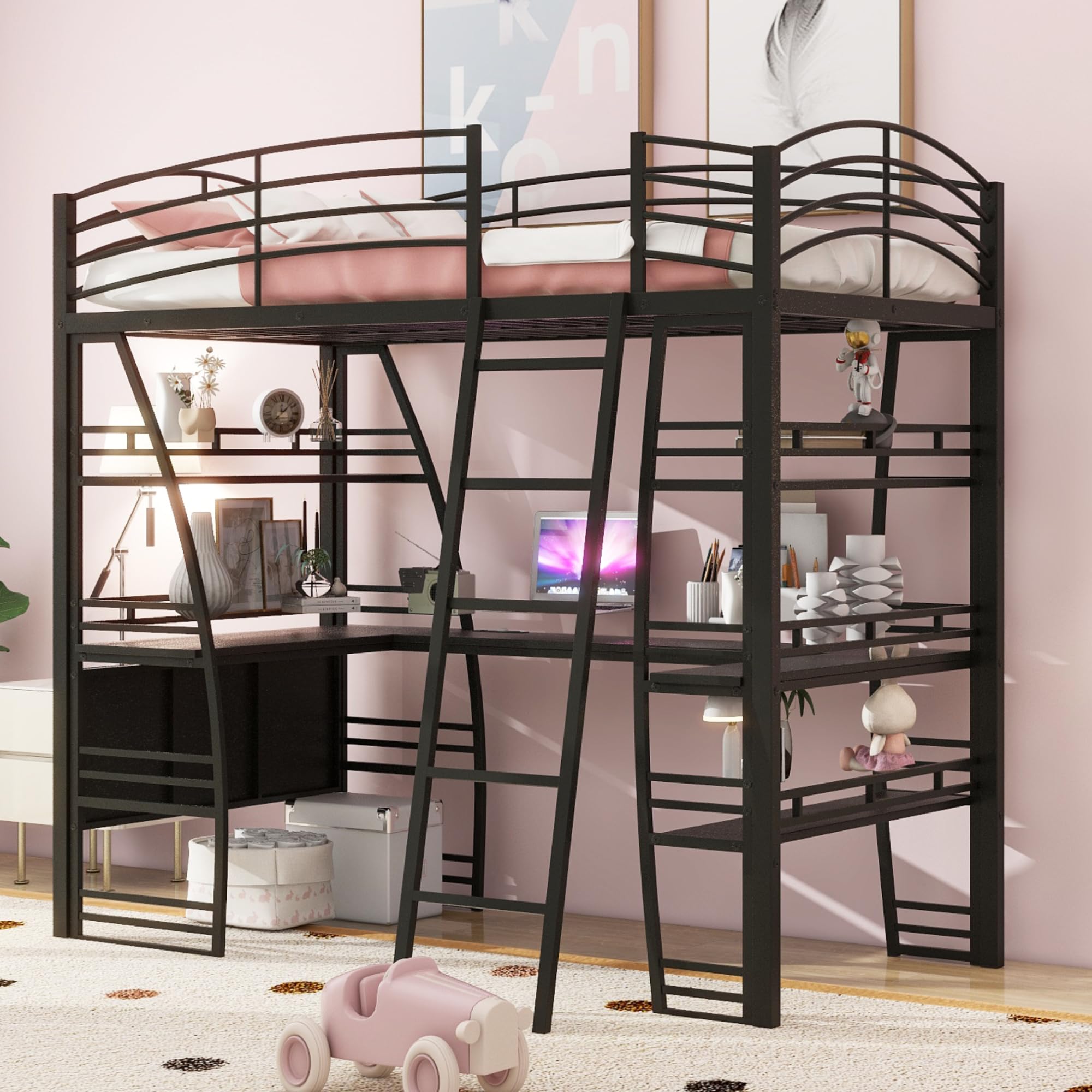 Harper & Bright Designs Metal Twin Size Loft Bed with L-Shaped Desk and Storage Shelves, Twin Loft Bed with USB Ports and Wireless Charging, High Junior Loft Bed Frame for Kids Boys Girls,Black