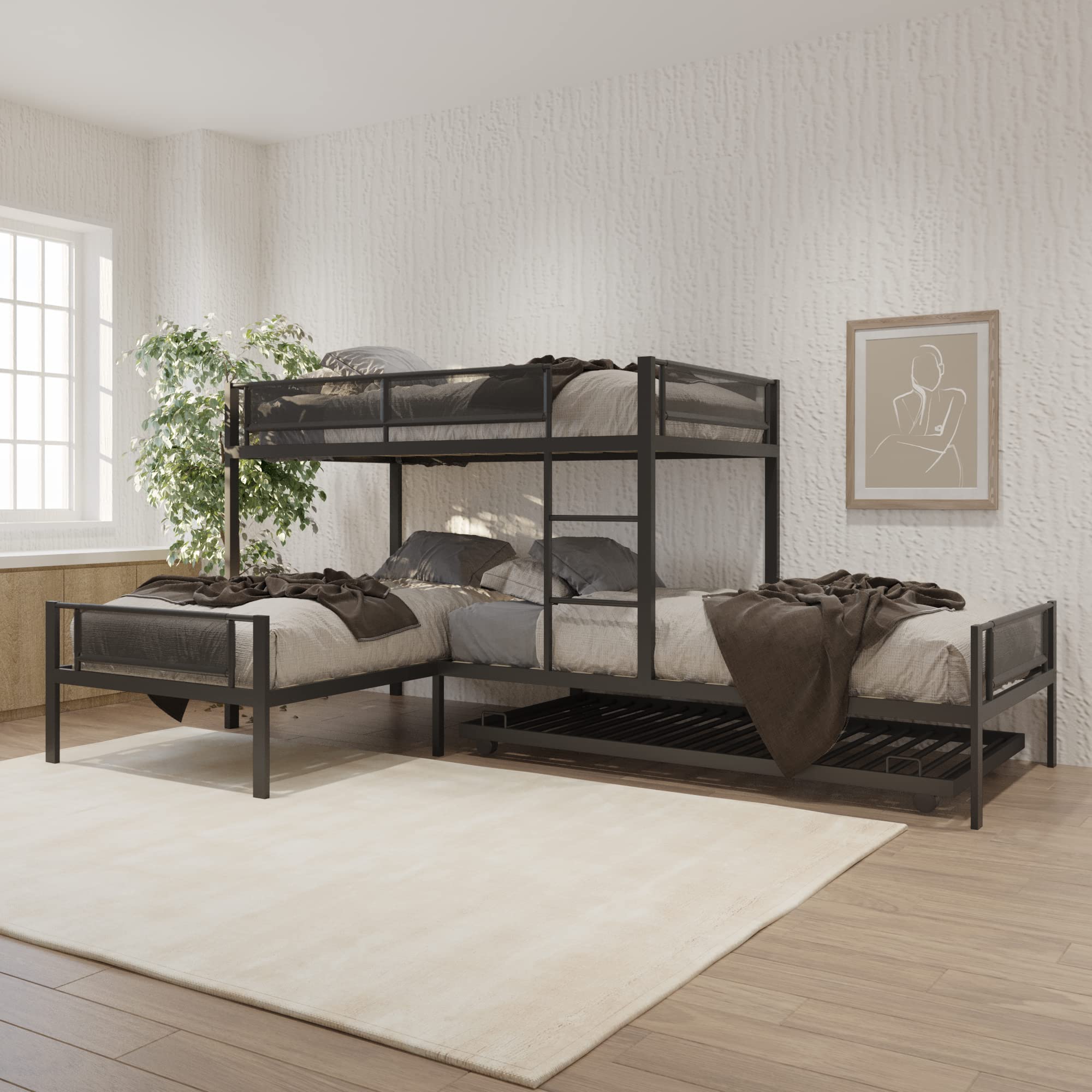 L-Shape Triple Bunk Bed with Trundle, Metal 3 Bed Bunk Beds with for Kids, Twin Size Corner Bunk Bed Frame with Wood Slats Support for 4 Teens, Textilene Guardrails, Black