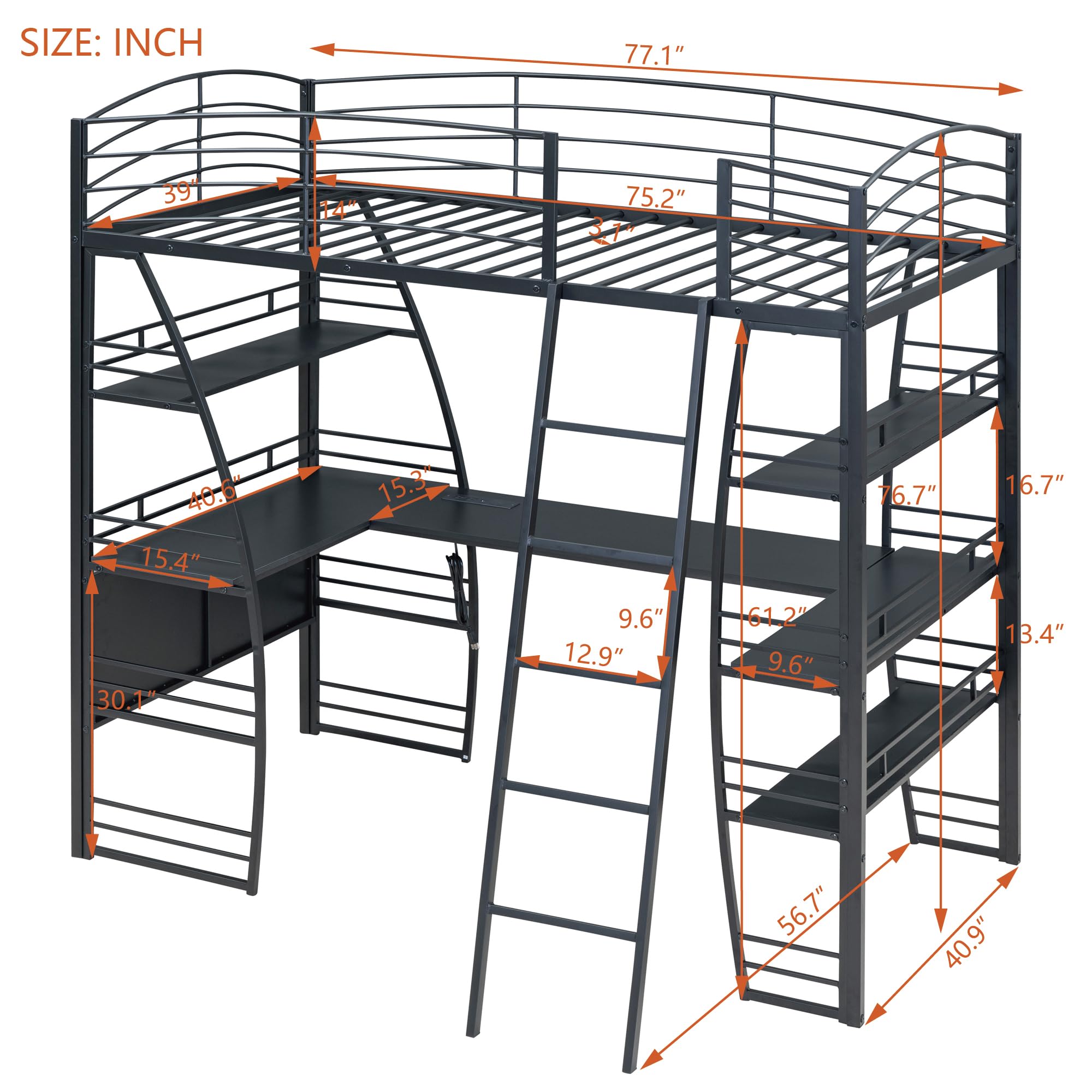 Harper & Bright Designs Metal Twin Size Loft Bed with L-Shaped Desk and Storage Shelves, Twin Loft Bed with USB Ports and Wireless Charging, High Junior Loft Bed Frame for Kids Boys Girls,Black