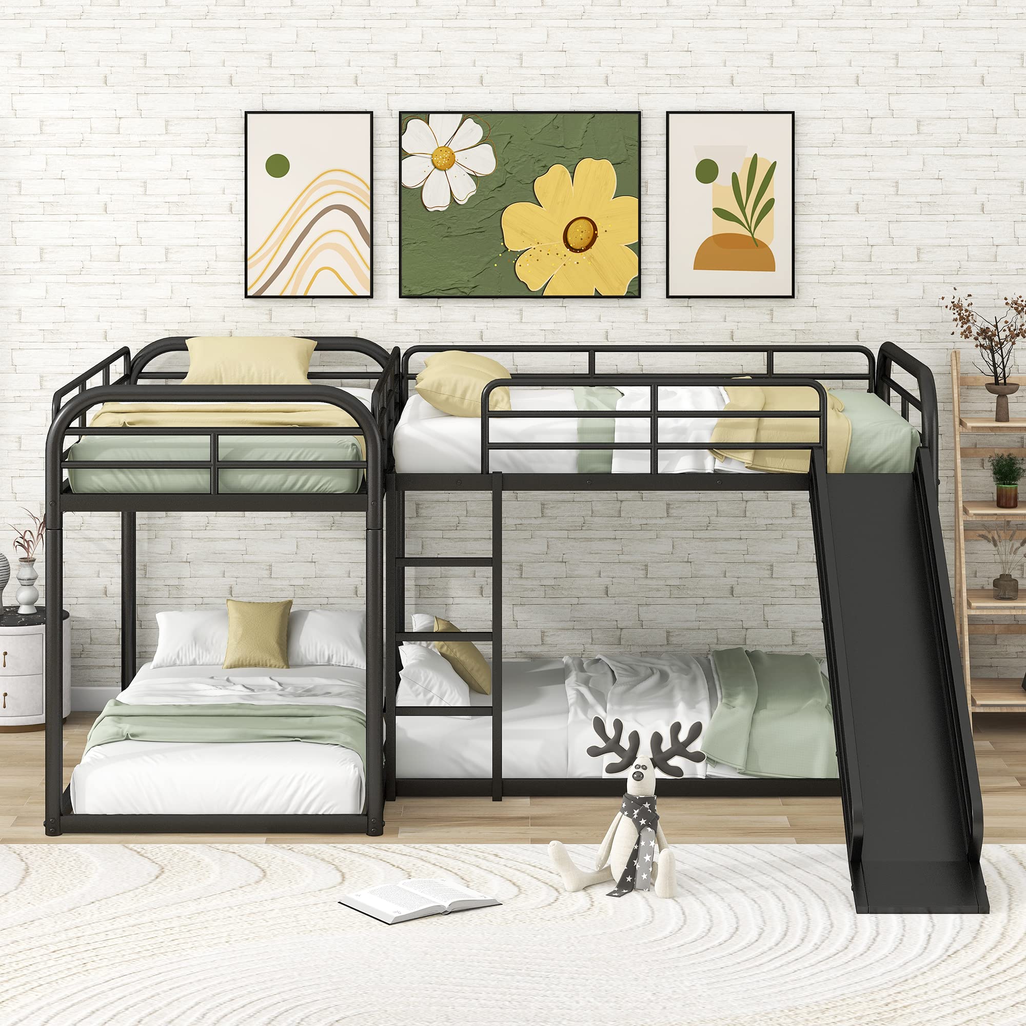 Lepfun Bunk Bed with Slide, Metal Twin Over Twin L-Shaped Bunk Bed Frame for 4, Twin Size Bunk Bed with Ladders for Kids Teens Adults (Black)