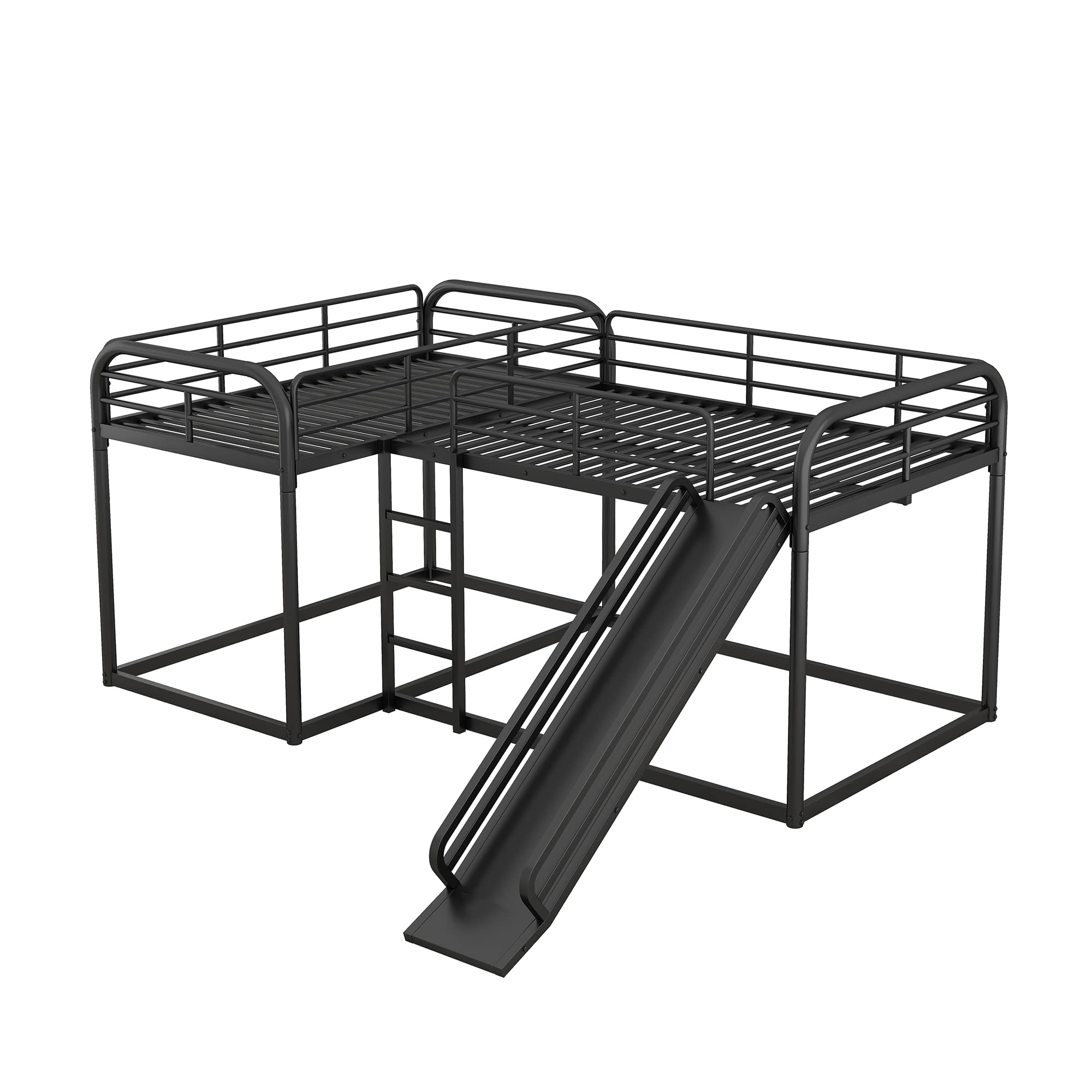 Lepfun Bunk Bed with Slide, Metal Twin Over Twin L-Shaped Bunk Bed Frame for 4, Twin Size Bunk Bed with Ladders for Kids Teens Adults (Black)