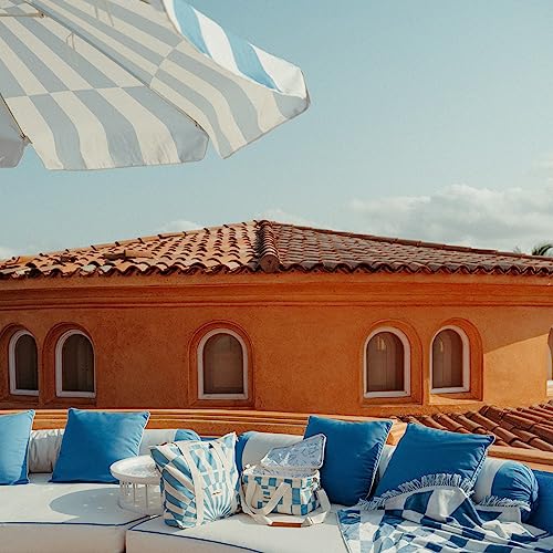 Business & Pleasure Co. Amalfi Umbrella - 7.2' Boho Beach Umbrella - Large & Sturdy Yet Lightweight - UPF 50+ UV-Resistant Canvas, Classic Spiral Blue